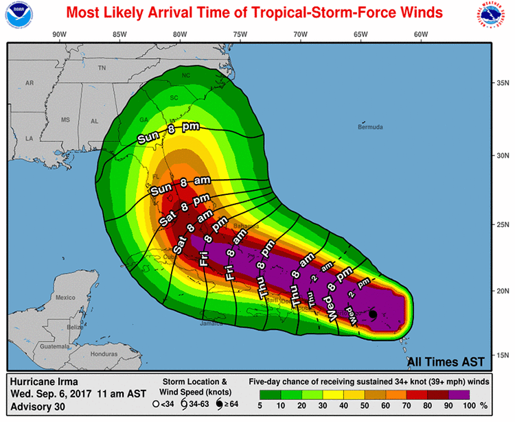 Predicted storm track for Irma 3 days before landfall in Florida ...